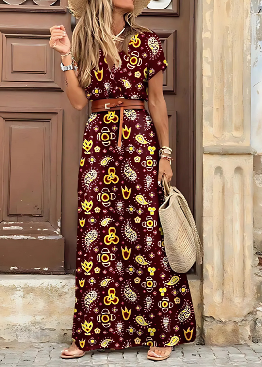 Briony – Elegant Long Dress with Paisley Prints and Belt – Layla & Levy ...